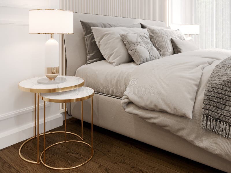 3D Rendering Close Up of Night Table or Bedside Table with Modern Bed ...