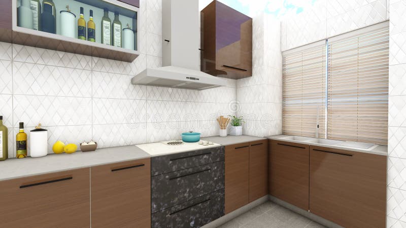 3d Rendering Close Up Perspective of Brown Kitchen Interior Stock ...