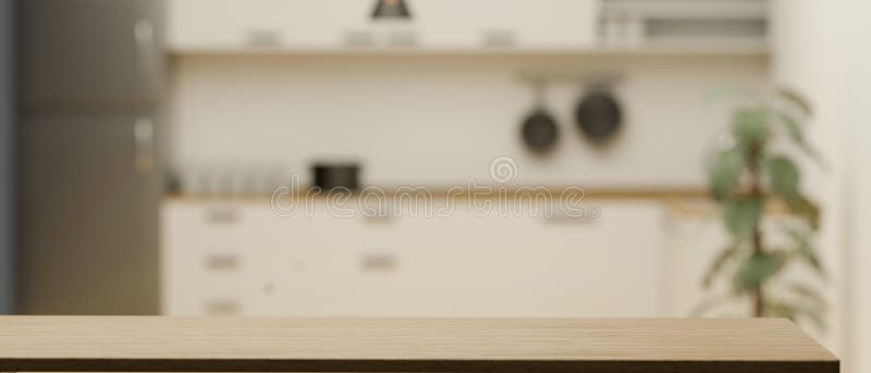 3D Rendering, Close Up View of Wooden Counter with Copy Space in ...