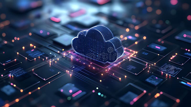 A 3D Rendering of a Cloud Computing Symbol on a Circuit Board with Glowing Lines Stock ...