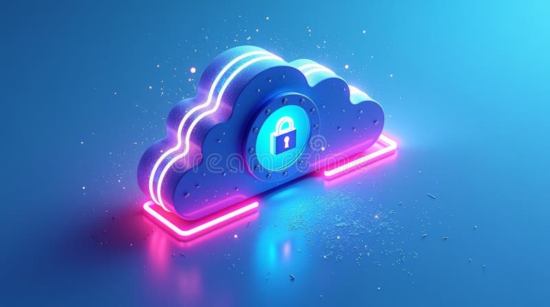 Cloud Data Security Concept with Neon Lock and Digital Cloud Icon on ...