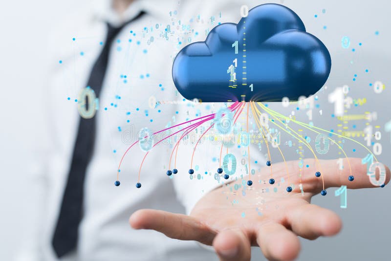 3D Rendering of a Cloud Storage System with Numbers Around it and a Man ...