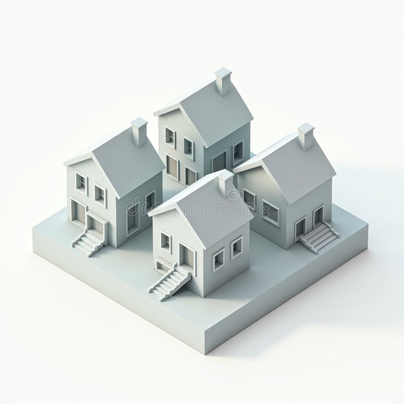 3D Rendering of a Cluster of Four Small, Modern Houses on a White ...