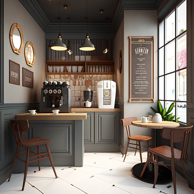 3d Rendering Coffee Shop or Cafe Interior Design with Barista Equipment ...