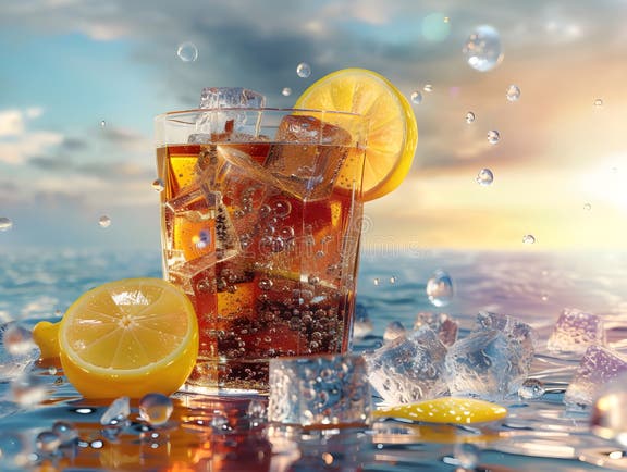 3D Rendering Cola with Ice Cubes and Lemon on Refreshing Beverage ...