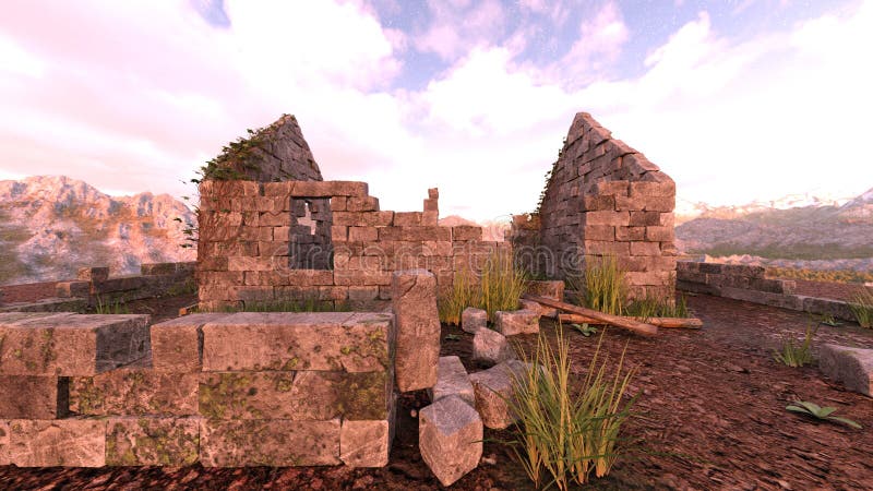 3D Rendering of the Collapsed Stone House at the Top of the Mountain ...