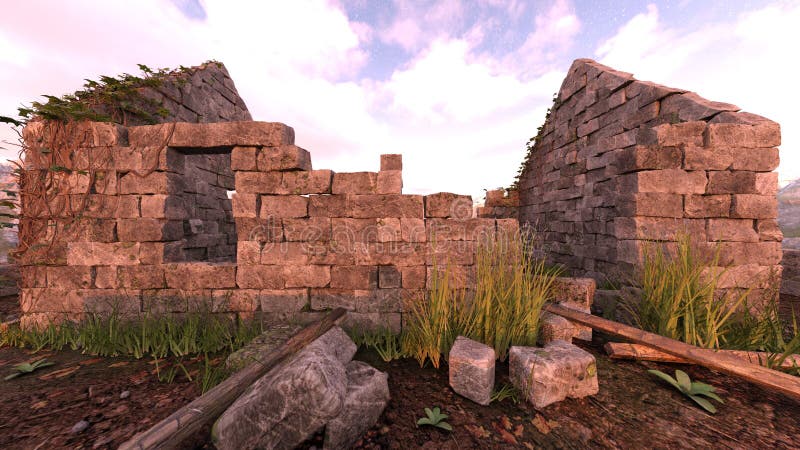 3D Rendering of the Collapsed Stone House at the Top of the Mountain ...