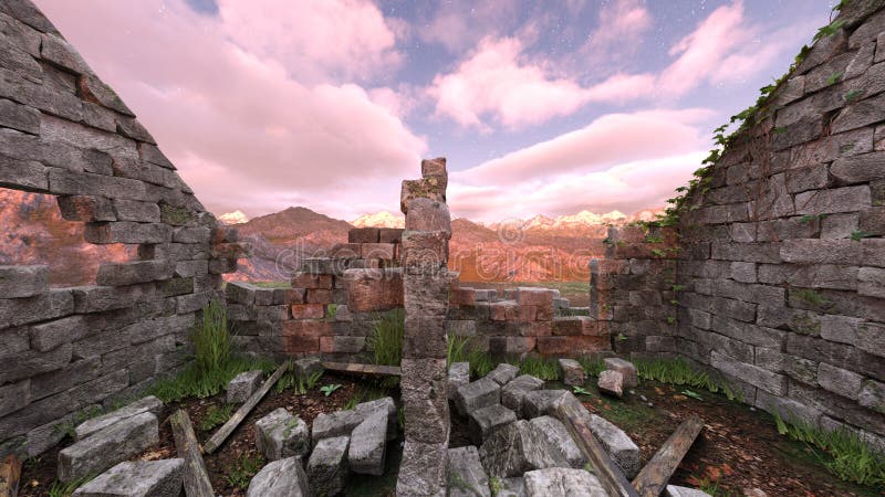 3D Rendering of the Collapsed Stone House at the Top of the Mountain ...