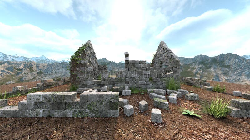3D Rendering of the Collapsed Stone House at the Top of the Mountain ...