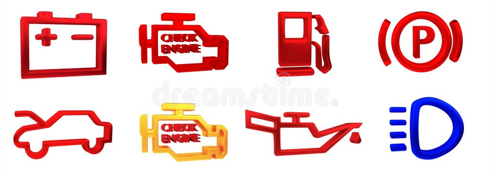 3D Rendering. Collection of Car Dashboard Panel Indicators, Yellow Red ...