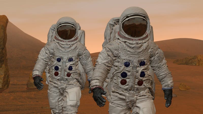 3D Rendering. Colony on Mars. Two Astronauts Wearing Space Suit Walking ... 3D Rendering. Colony on Mars. Two Astronauts Wearing Space Suit Walking ...