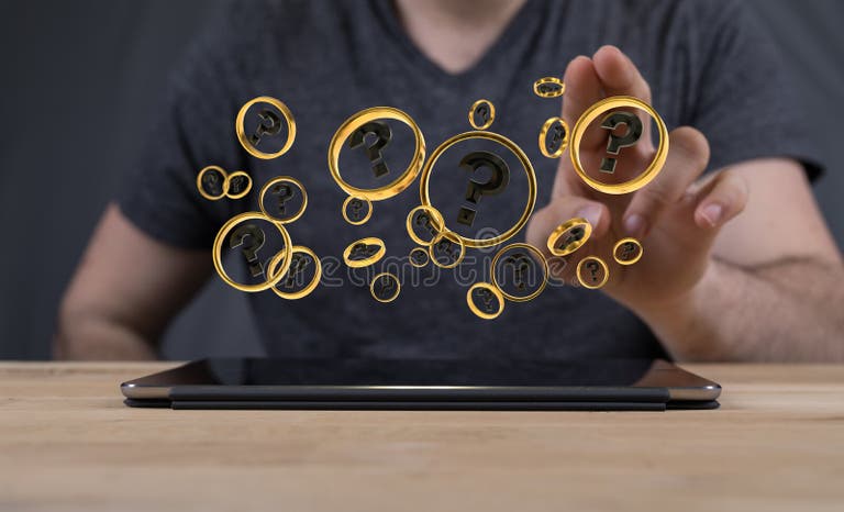 3D Rendering of Colored Question Marks Floating on a Man S Tablet Stock Image - Image of tech ...