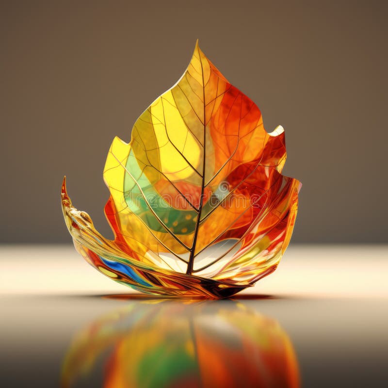 3d Rendering of a Colorful Autumn Leaf on a Reflective Surface Stock ...