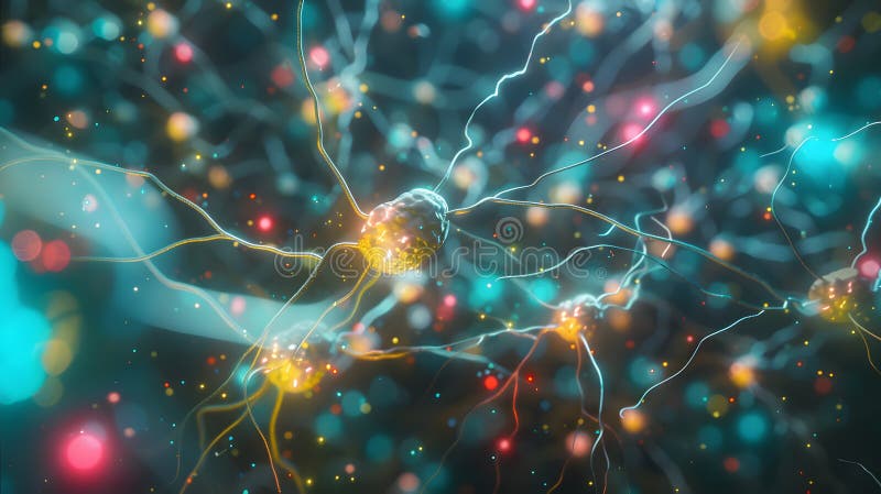 3D Rendering of Colorful Brain Cells and Neurons on Dark Background ...