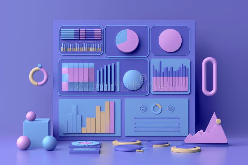 3D Render of Charts Graphs and Data Visualizations on a Purple ...