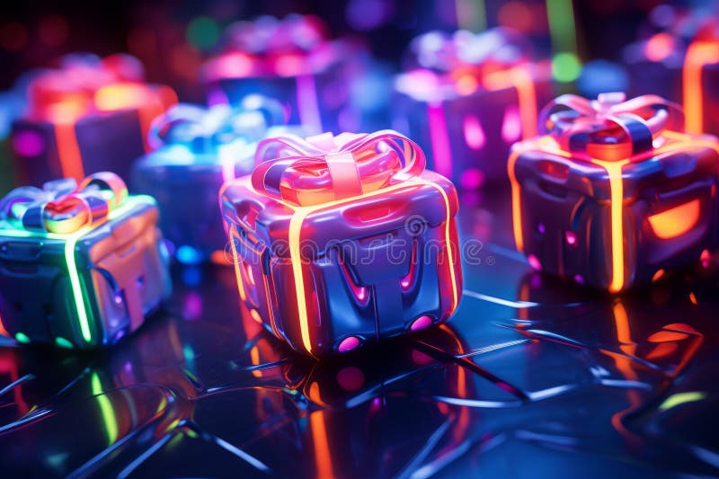 3d Rendering of Colorful Gift Boxes with Neon Lights Stock Illustration ...