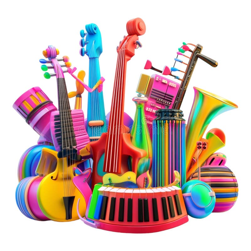 3D Rendering of a Colorful Musical Instruments Collage Against a ...