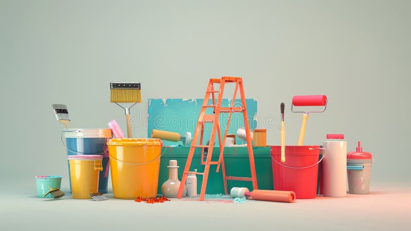 A 3D Rendering of Colorful Paint Buckets, Rollers, Brushes, and a ...