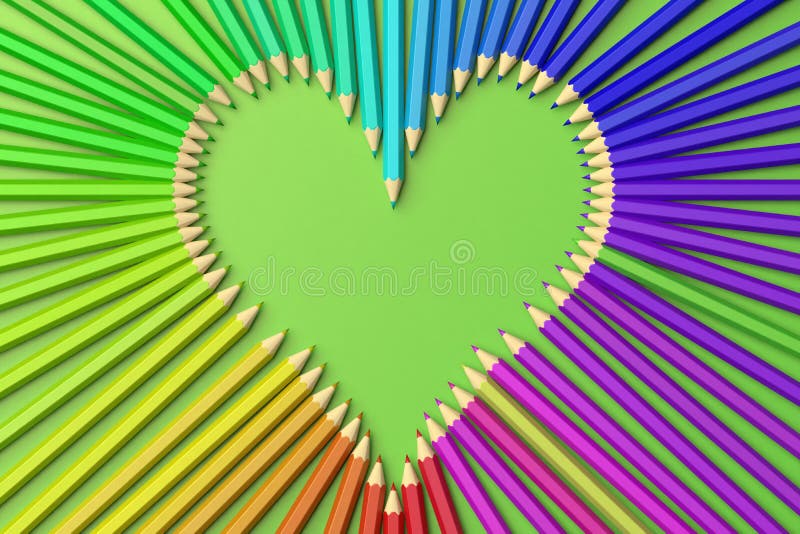 3d Rendering Coloured Pencils in the Shape of a Heart, Green Background ... 3d Rendering Coloured Pencils in the Shape of a Heart, Green Background ...