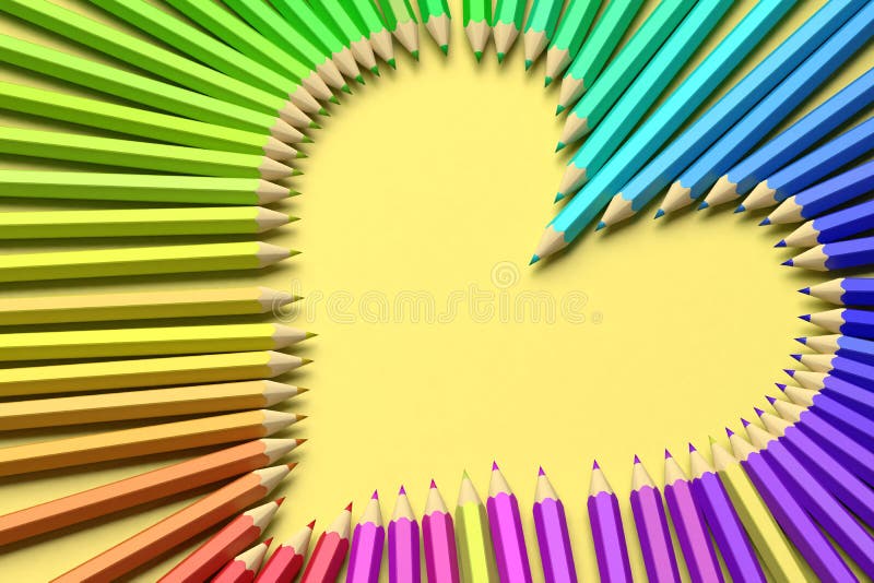 3d Rendering Coloured Pencils in the Shape of a Heart, Yellow ... 3d Rendering Coloured Pencils in the Shape of a Heart, Yellow ...