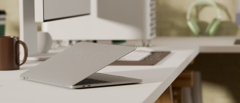 3D Rendering, Comfortable Workspace with Laptop and Mug on Computer ...