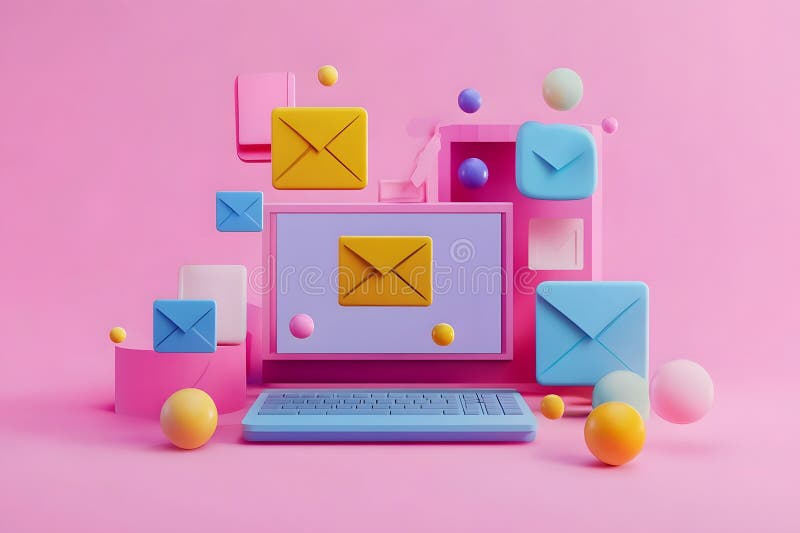 3D Rendering of a Computer with Envelopes and Spheres on a Pink ...