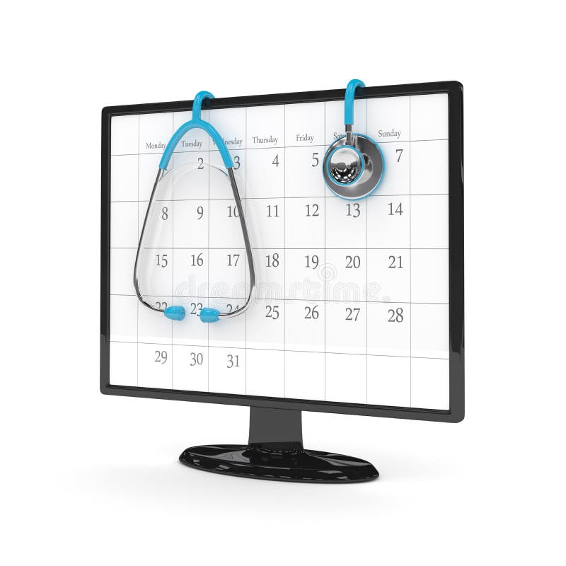 3d Rendering of Computer Monitor with Calendar and Stethoscope Stock ...