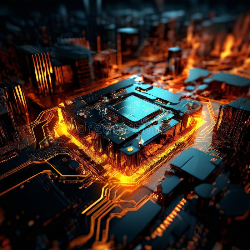 3d Rendering Of Computer Motherboard And Cpu Chip With Circuit Board