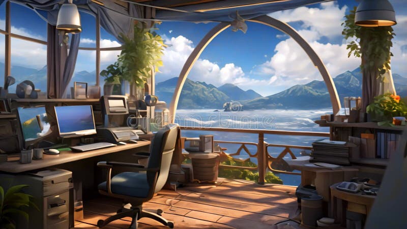 3D Rendering of a Computer Room with a View of the Sea, a Computer Room ...