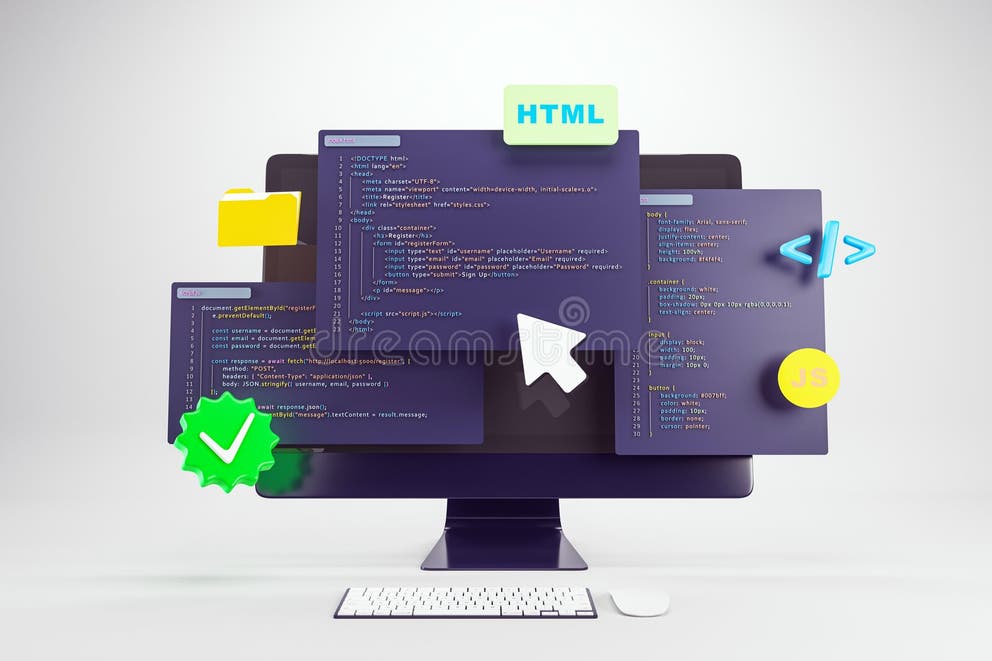 3D Rendering of Computer Screen with Floating HTML, CSS, and JavaScript ...