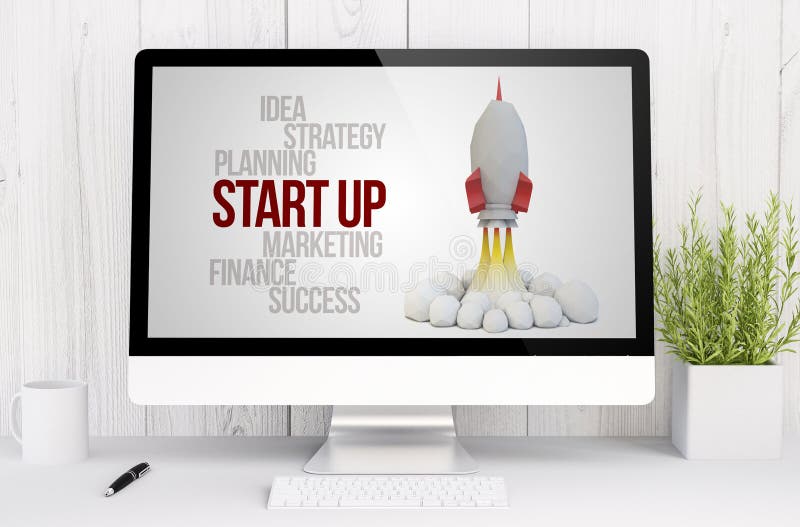 White Workspace with Computer Start Up Stock Illustration ...