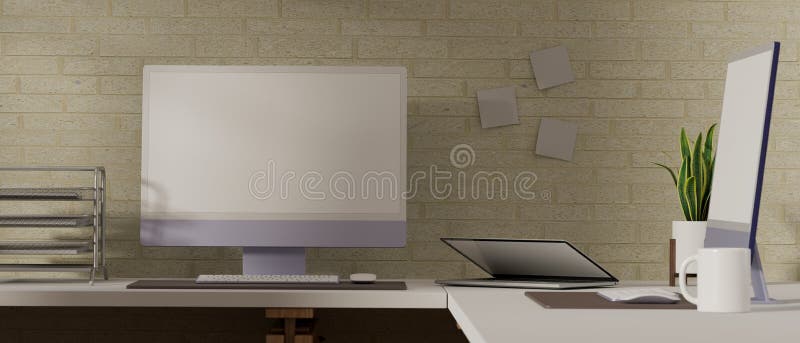3D Rendering, Computers and Laptop with Mock-up Screen on Office Desk ...