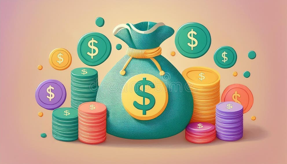 3D Rendering Concept, Symbols Icon Money Bag, Coins Stack and Banknotes ...