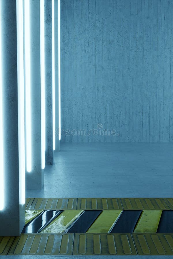 3d Rendering of Concrete Room with Pillars and Blue Light Panels Stock ...
