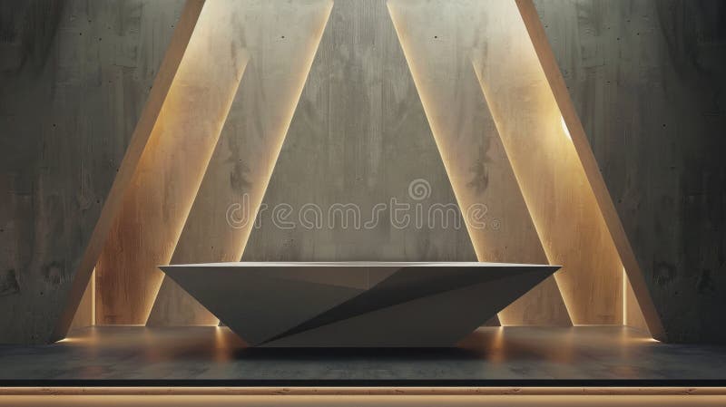 A 3d Rendering of a Concrete Room with a Triangular Platform in the ...