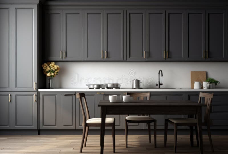 3D Rendering of a Contemporary Dark Gray Kitchen with White Wood ...