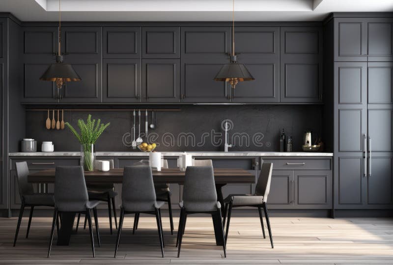 3D Rendering of a Contemporary Dark Gray Kitchen with White Wood ...