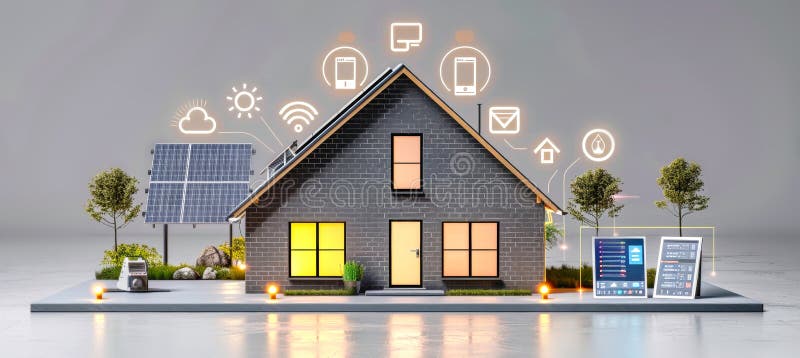 A 3D Rendering of a Contemporary Smart Home Equipped with Solar Panels ...