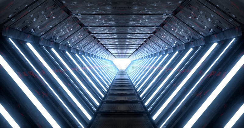 3d Rendering. Corridor with Neon Blue Lighting and Bright Lights at the ...