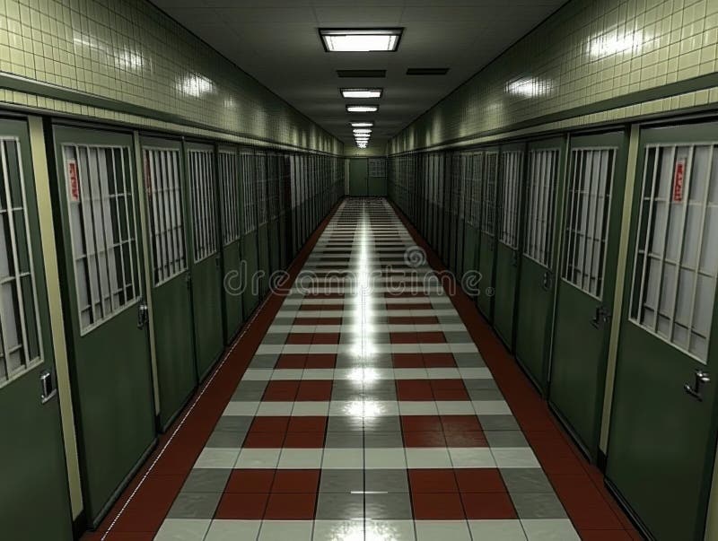 3D Rendering of a Corridor in a Prison with Green and Red Tiles Stock ...