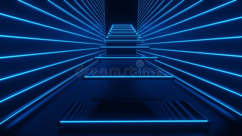 3d Rendering of Corridor, Stairs, Lights Abstract Blue Neon Stock ...