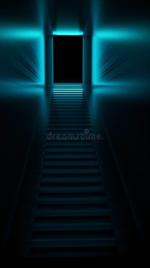 3d Rendering of Corridor, Stairs, Lights Abstract Blue Neon Stock ...
