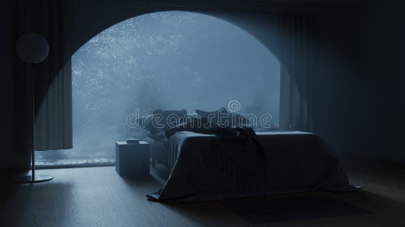 Cosy Bedroom with an Icy Arched Window at Night Stock Illustration ...