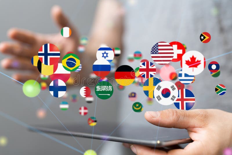 3D Rendering of Country Flags Over Hand Holding Computer Tablet-global ...