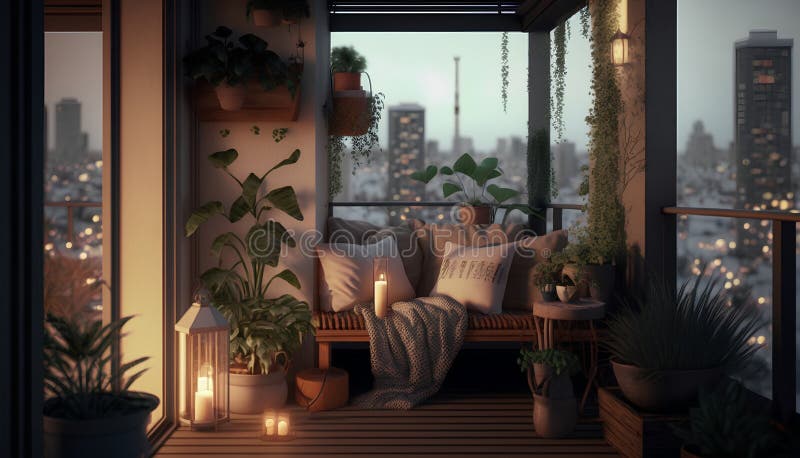 3D Rendering of a Cozy Balcony with a View of the City Stock ...