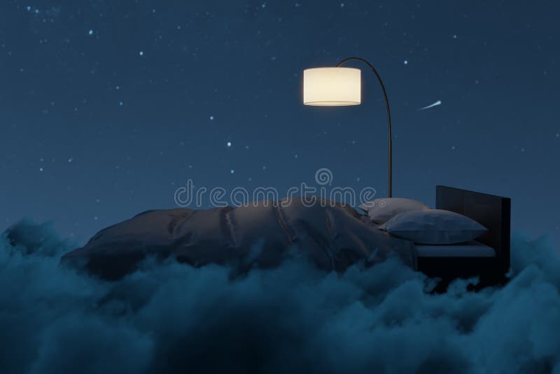 3d Rendering of Cozy Bed Illuminated by Lamp. the Bed Flying Over ...