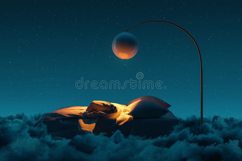 Cozy Bed Illuminated by Lamp. the Bed Flying Over Fluffy Clouds at ...