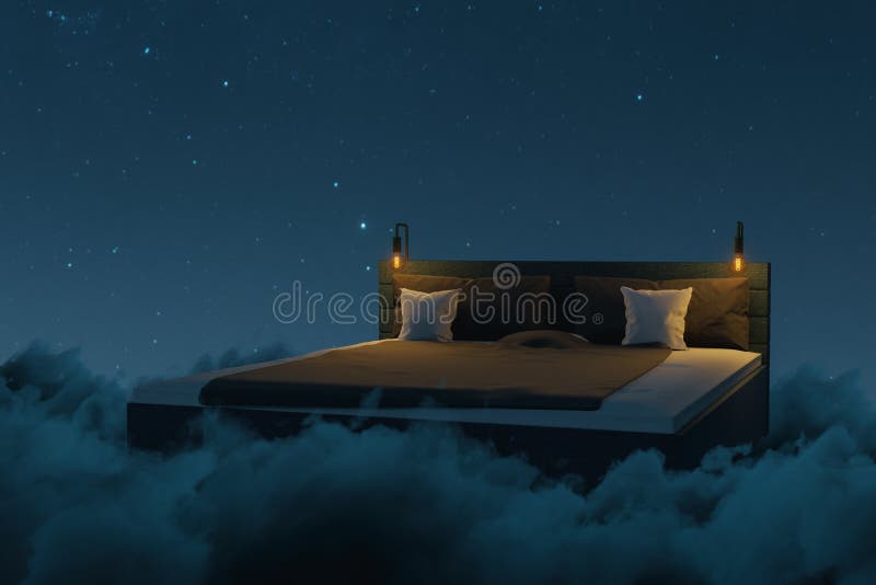 3d Rendering of Cozy Bed Over Fluffy Clouds at Night Stock Illustration ...