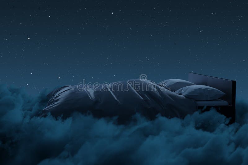 Cozy Bed Over Fluffy Clouds at Night Stock Illustration - Illustration ...