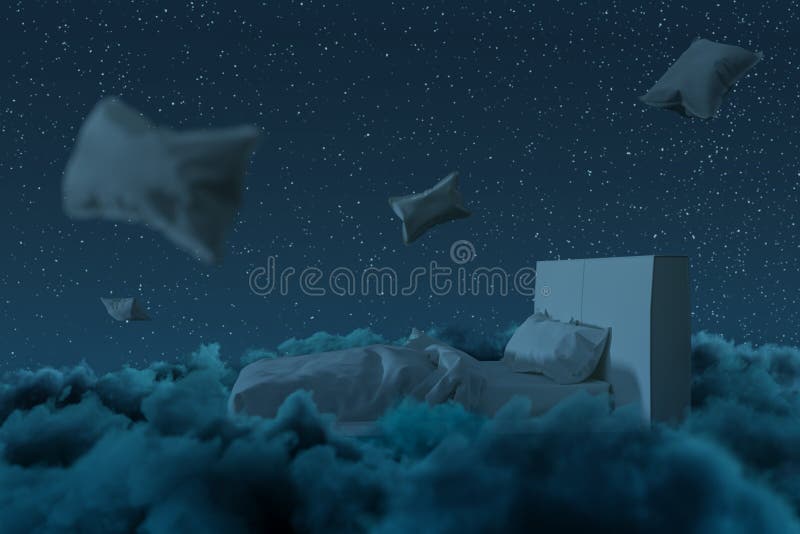3D Rendering of Cozy Bed Over Fluffy Clouds at Night Stock Illustration ...